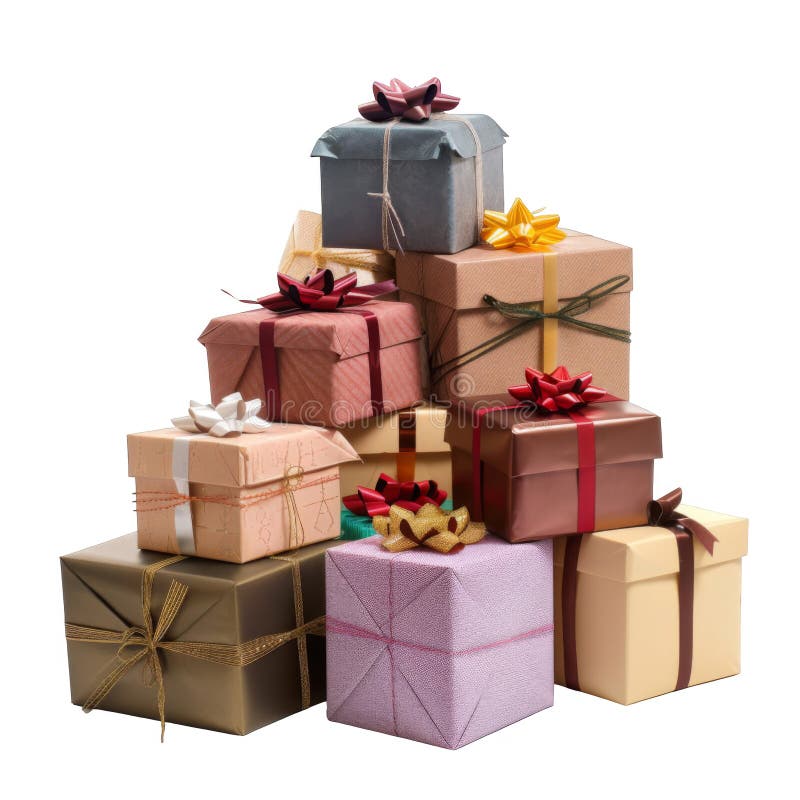 Stack of Wrapped Gifts with Various Colored Ribbons and Bows Stock ...