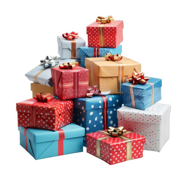 A Stack of Wrapped Gifts with Various Patterns and Ribbons Stock Image ...