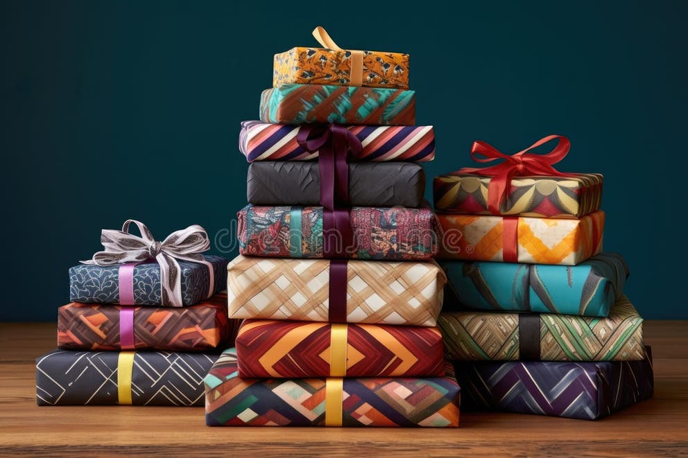 Stack of Wrapped Gifts in Various Patterns and Sizes Stock Illustration ...
