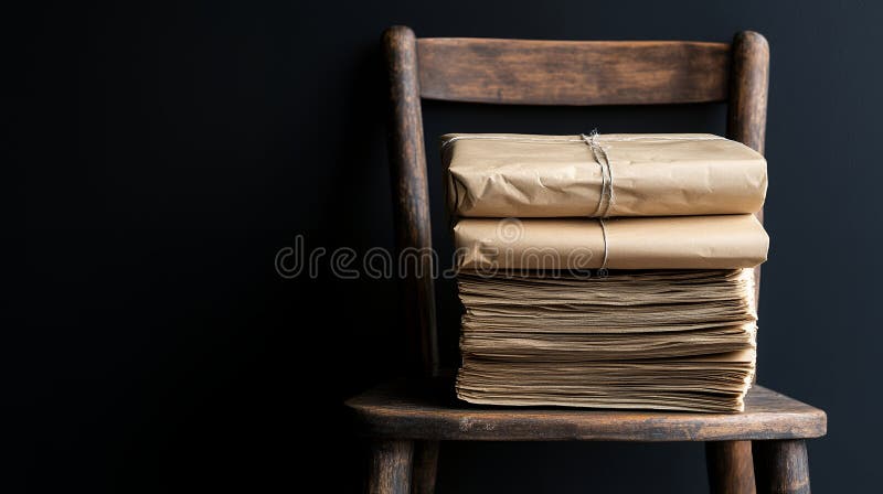 Stack of Wrapped Packages and Paper Sheets on a Rustic Wooden Chair ...