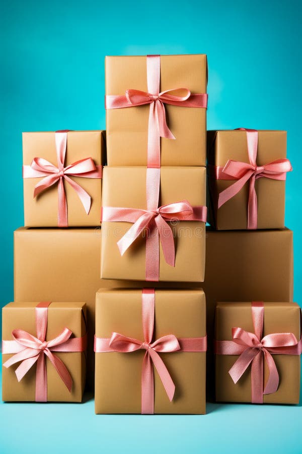 Stack of Wrapped Presents with Pink Ribbons on Them and Bows ...