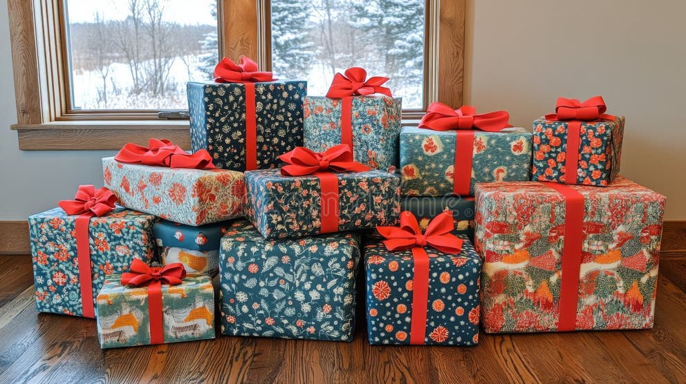 A Stack of Wrapped Presents with Red Bows Near a Window Stock ...
