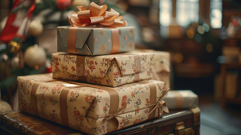 Stack Wrapped Presents Ribbons Bows Festive Setting Stock Photos - Free ...