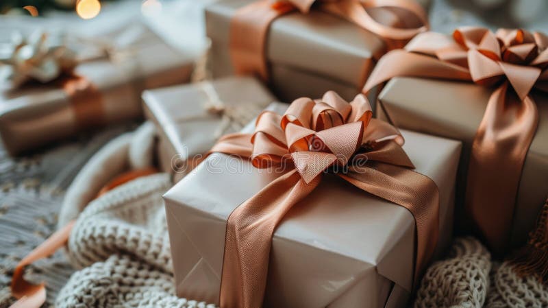 Stack of Wrapped Presents on Table Stock Photo - Image of gifts ...
