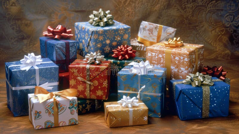 Stack of Wrapped Presents on Table Stock Photo - Image of gifts ...