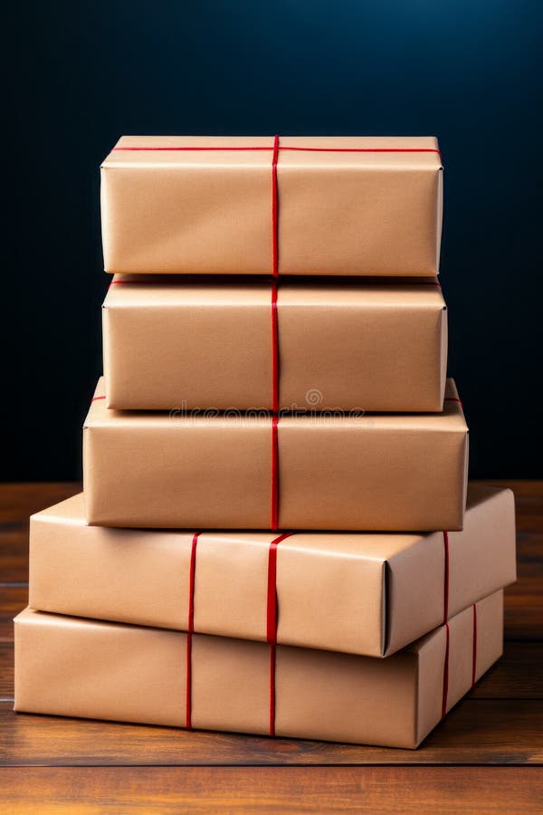 Stack of Wrapped Presents on Table with Red Ribbon. Generative AI Stock ...