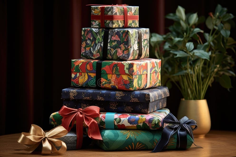 Stack of Wrapped Presents with Various Patterns Stock Illustration ...