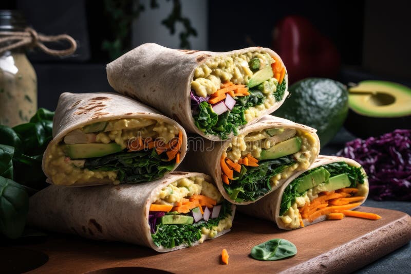 Stack of Wraps, Bursting with Freshly Chopped Veggies and Hummus Stock ...