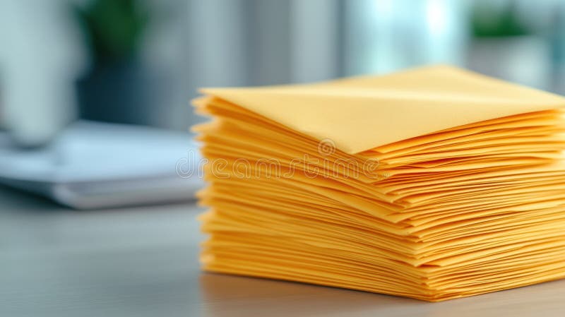 Stack of Yellow Envelopes Neatly Arranged on a Desk in a Bright Office ...