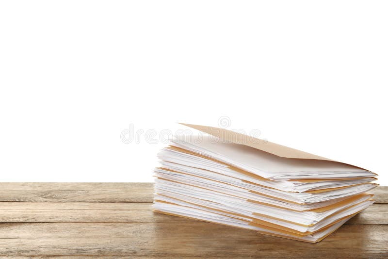 Stack of Yellow Files with Documents on Wooden Table Against White ...