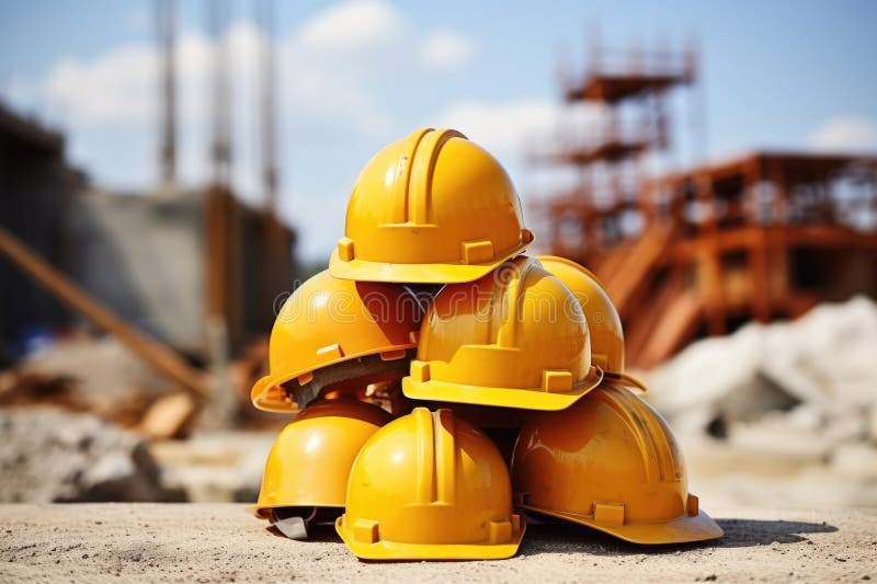 Stack of Yellow Hard Hats on a Construction Site Stock Illustration ...