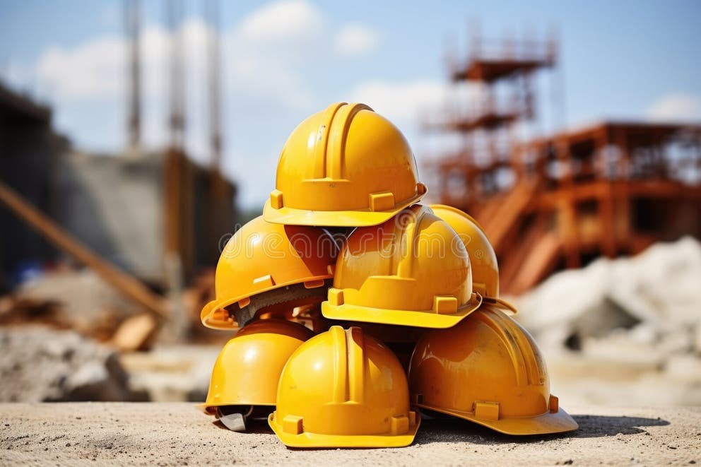 Stack of Yellow Hard Hats on a Construction Site Stock Illustration ...
