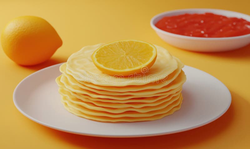 Delicious Pancakes Topped Fresh Fruit Vibrant Yellow Background Stock ...