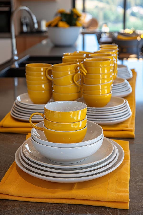 A Stack of Yellow Plates and Cups on a Counter with Napkins, AI Stock ...