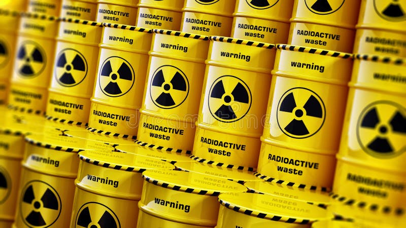Stack of Yellow Radioactive Barrels with Warning Signs. 3D Illustration ...