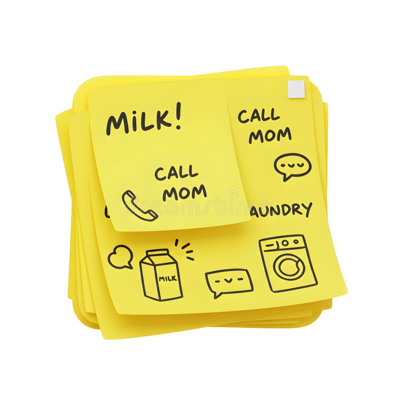A Stack of Yellow Sticky Notes with daily Reminders: Milk, Call Mom ...