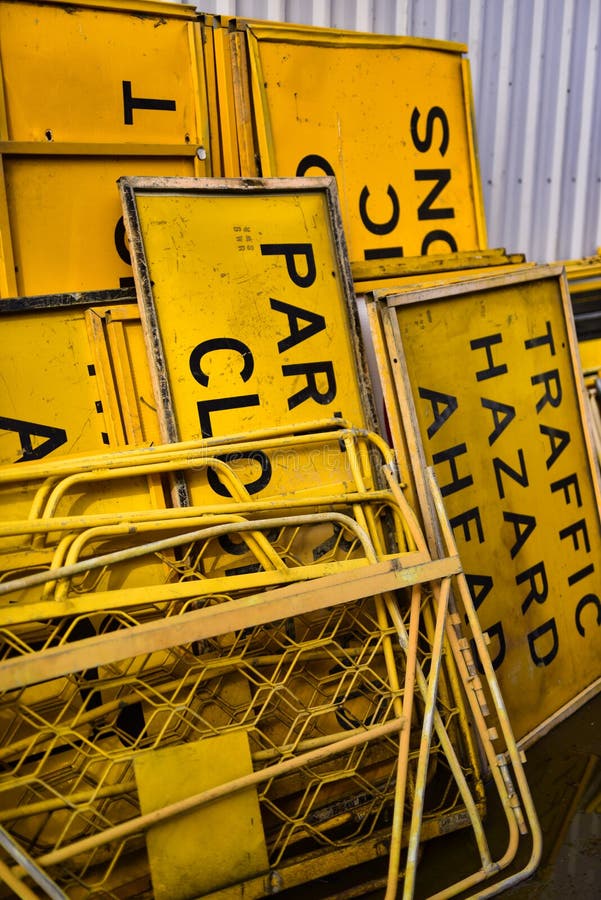 A Stack of Yellow Traffic Hazard Signs Stock Image - Image of transport ...