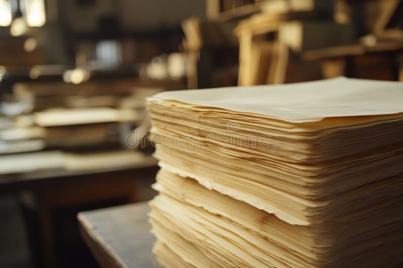 A Stack of Yellowed Paper Documents Rests on a Table, with Soft ...