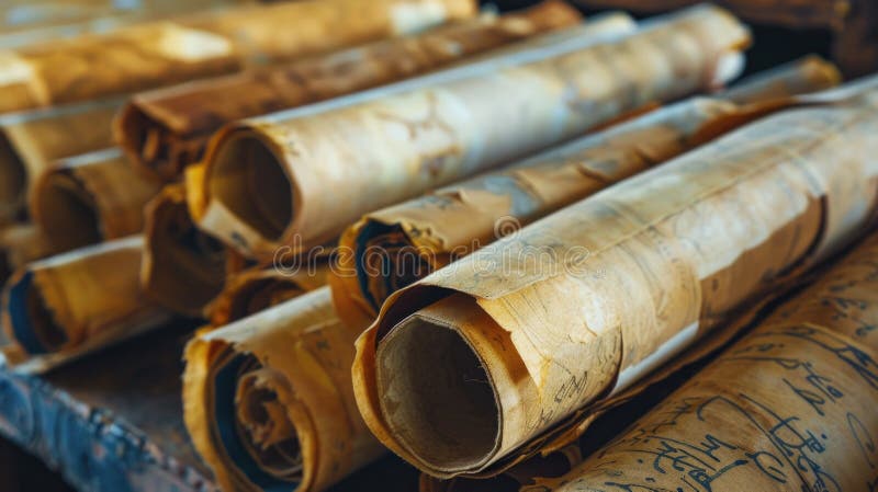 A Stack of Yellowed Papers and Documents Piled High on a Wooden Table ...