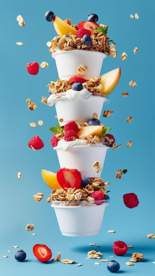 Stack of Yogurt Cups with Fresh Fruits and Granola, Levitating ...