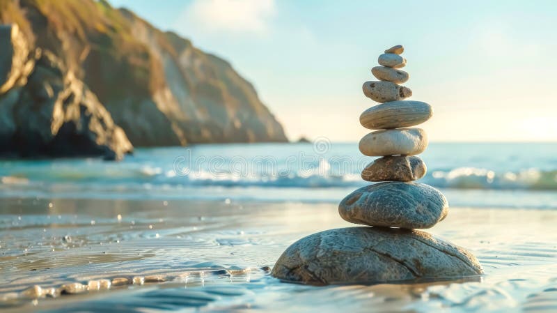 Stack of Zen Stones Balancing on a Beach at Sunset Stock Image - Image ...