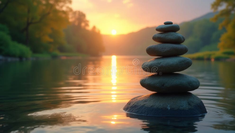 Stack of Zen Stones Balancing on Rock in Water at Sunset Stock Photo ...
