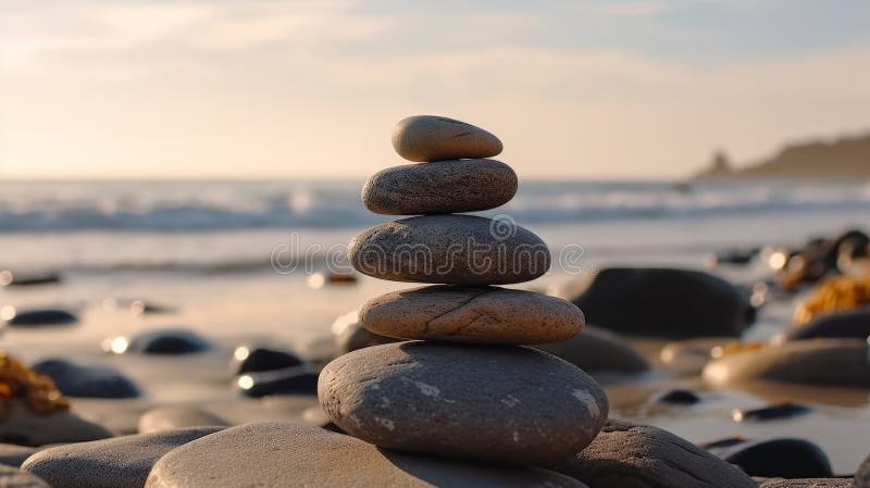 Stack of Pebble Stones, Sandy Ocean Beach, Sunset Sky. Rock Balancing ...
