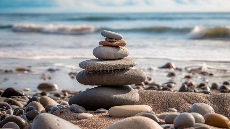 Stack Zen Stones on Pebble Beach. Generative AI Stock Illustration ...