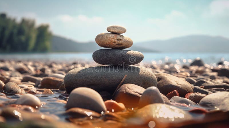 Stack Zen Stones on Pebble Beach. Generative AI Stock Illustration ...