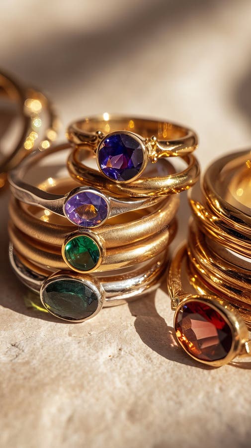 Stackable Gold Rings with Diamonds and Gemstones in the Sand Stock ...