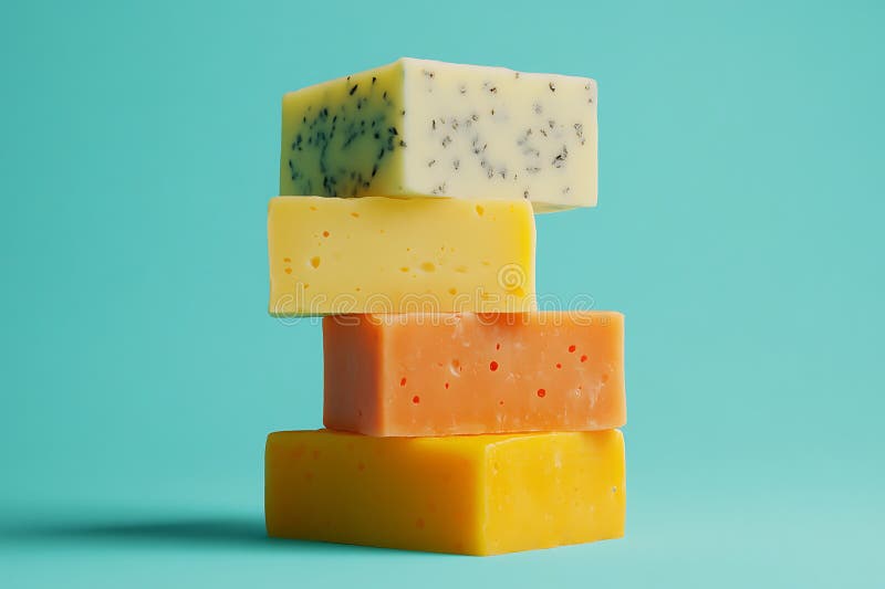 Stacked Artisan Cheese Blocks, Various Colors and Textures, on Teal ...