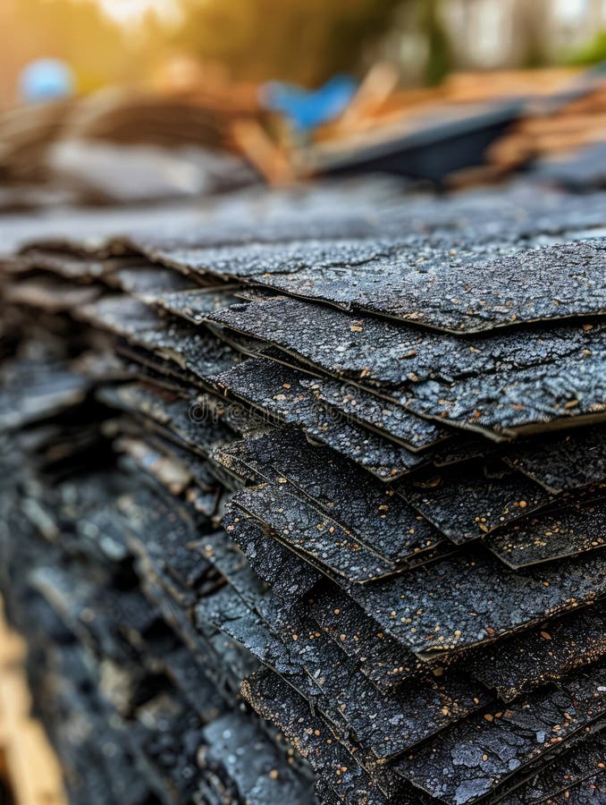 Stacked Asphalt Roofing Shingles in Sunlight, Close-up View. Stock ...