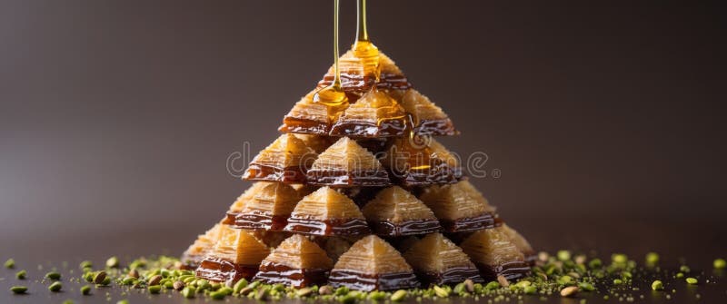 Stacked Baklava Pyramid with Dripping Honey and Pistachios on a Dark ...