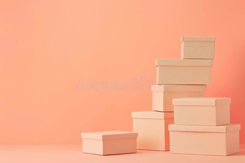 Stacked Beige Gift Boxes Against Peach Background for Packaging Design ...