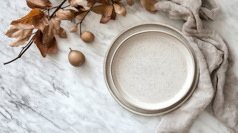 Stacked Beige Stoneware Plates on Marble with Dry Leaves and Natural ...