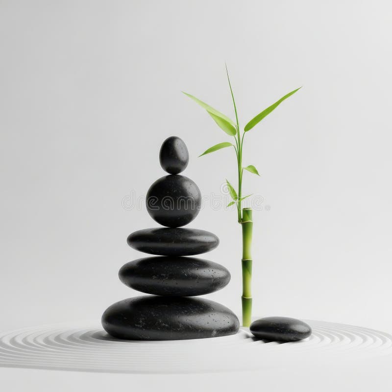 Stacked Black Stones with Green Bamboo Sprout on White Sand Garden Zen Stones Stacked Stones ...