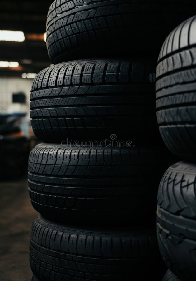 Stacked Black Tires in a Dimly Lit Garage Setting Stock Image - Image ...