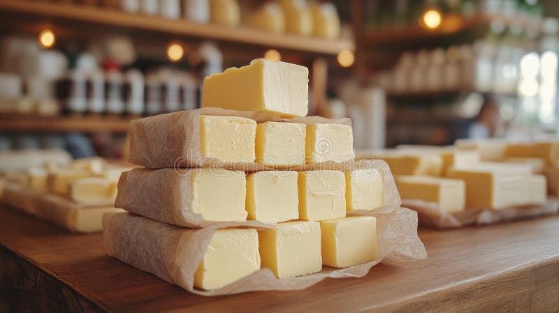 Stacked Blocks of Fresh Butter on a Wooden Countertop. Stock Image ...
