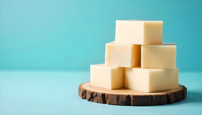 Stacked Blocks of White Cheese Light Blue Background Wooden Cheese ...