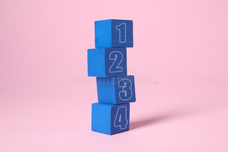 Stacked Blue Cubes with Numbers from 1 To 4 on Pink Background. Step-by ...