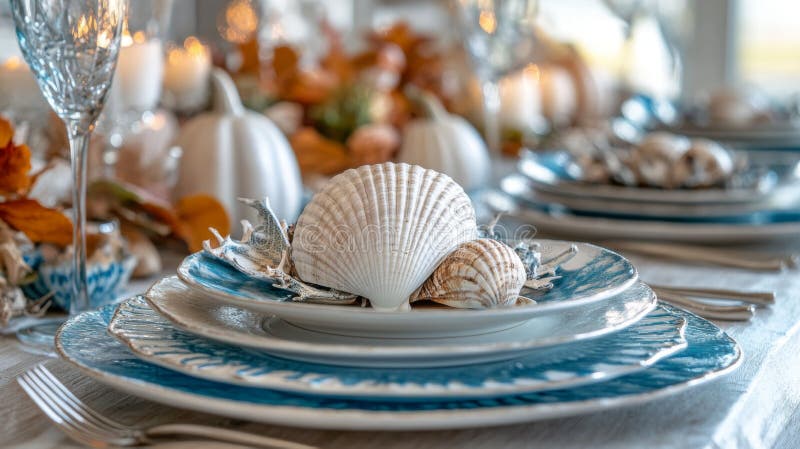 Stacked Blue Plates with Seashells and Fork on a Tabletop Stock ...