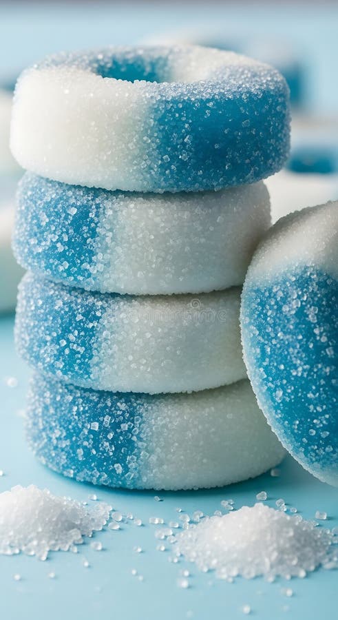 Stacked Blue and White Sugar Coated Candy Rings Dessert on Blue ...