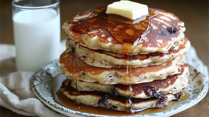 Stacked Blueberry Pancakes, Syrup, Milk Stock Photo - Image of sweet ...