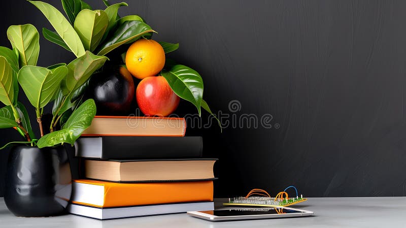 Stacked Books with Fruit, Plant, and Electronics Stock Illustration ...