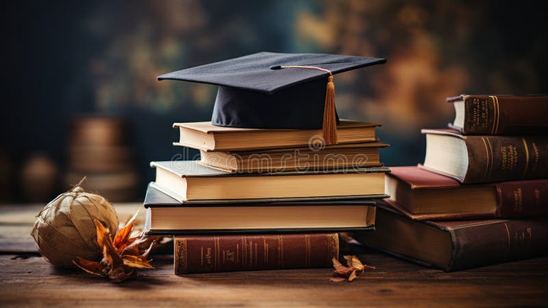 Stacked Books and Graduation Cap Stock Illustration - Illustration of ...