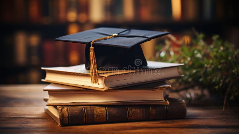 Stacked Books and Graduation Cap Stock Illustration - Illustration of ...
