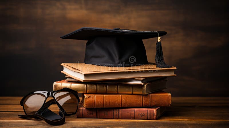 Stacked Books and Graduation Cap Stock Illustration - Illustration of ...