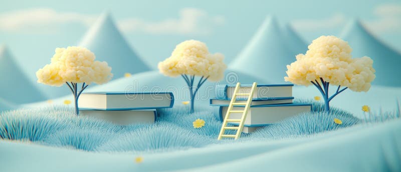 Stacked Books and Ladder in Dreamy Landscape Stock Photo - Image of ...