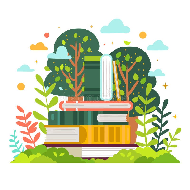 Stacked Books Nature Scene Educational Concept. Colorful Illustration ... Stacked Books Nature Scene Educational Concept. Colorful Illustration ...