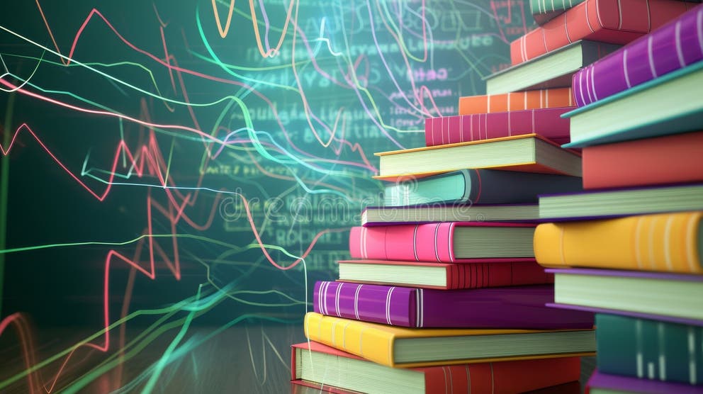 Stacked Books with Neon Lights and Data in Background Stock Image ...
